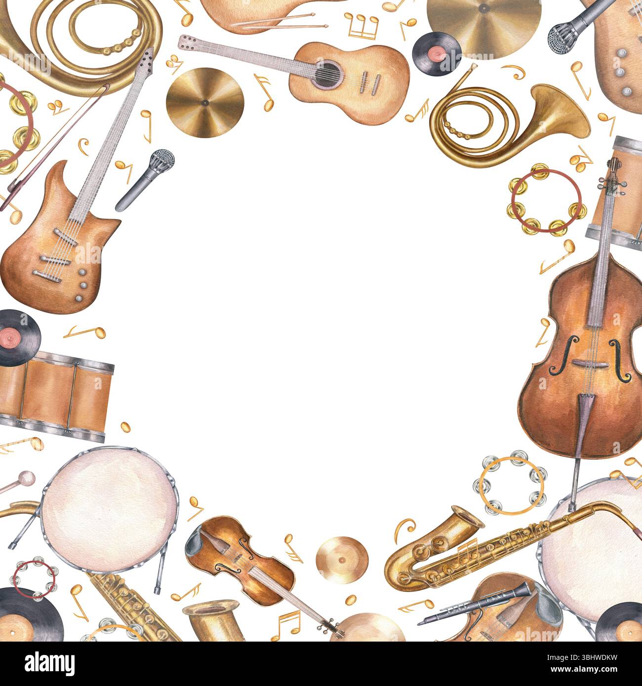 Square watercolor frame with musical instruments and notes, with blank ...