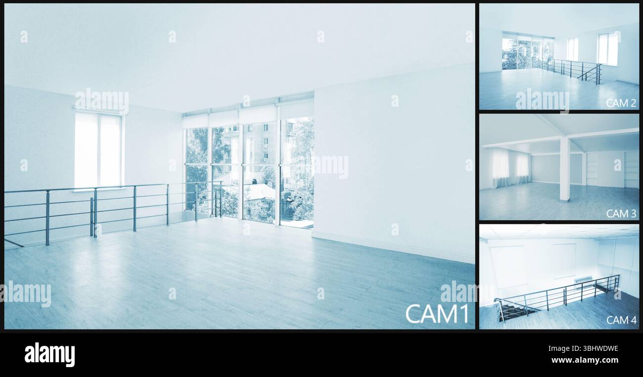 CCTV system. Surveillance camera views from different rooms, collage ...