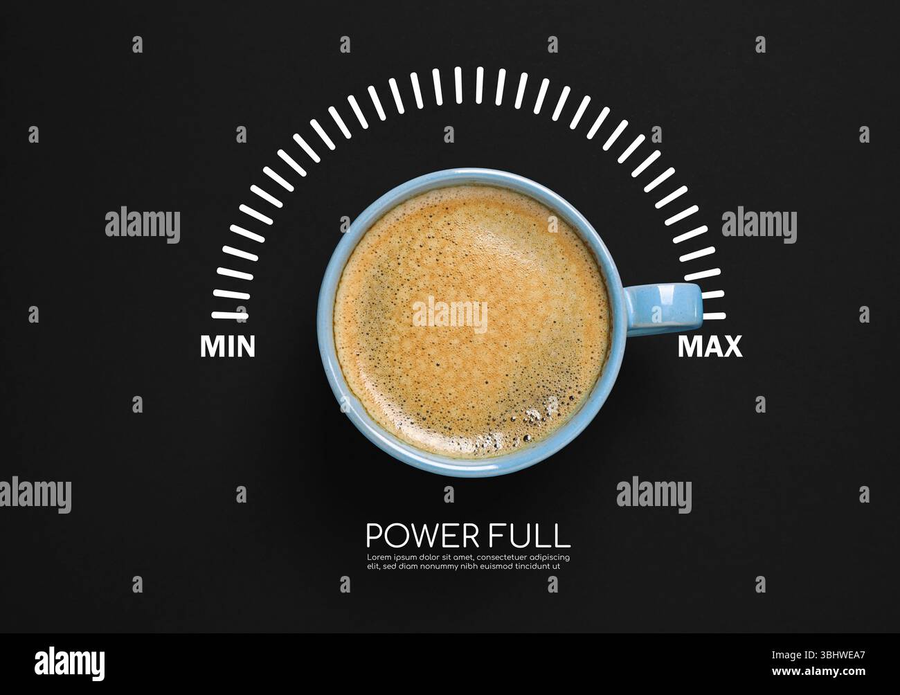 Coffee and power gauge scale on black background, top view. Handle of ...