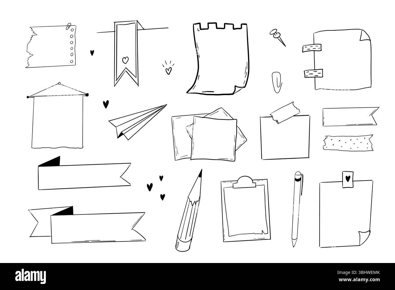 Memo page bullet jourlal note sketch, hand drawn doodle stickers office ...