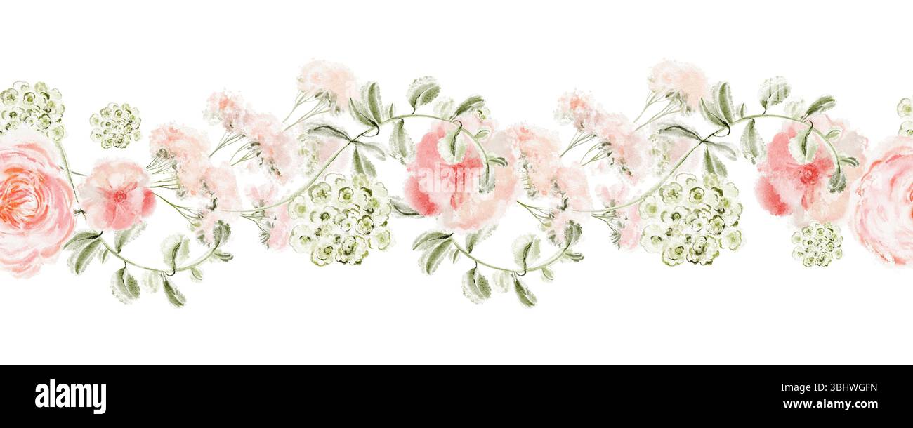 Watercolor seamless border with pink roses, peonies, dwarf roses and ...