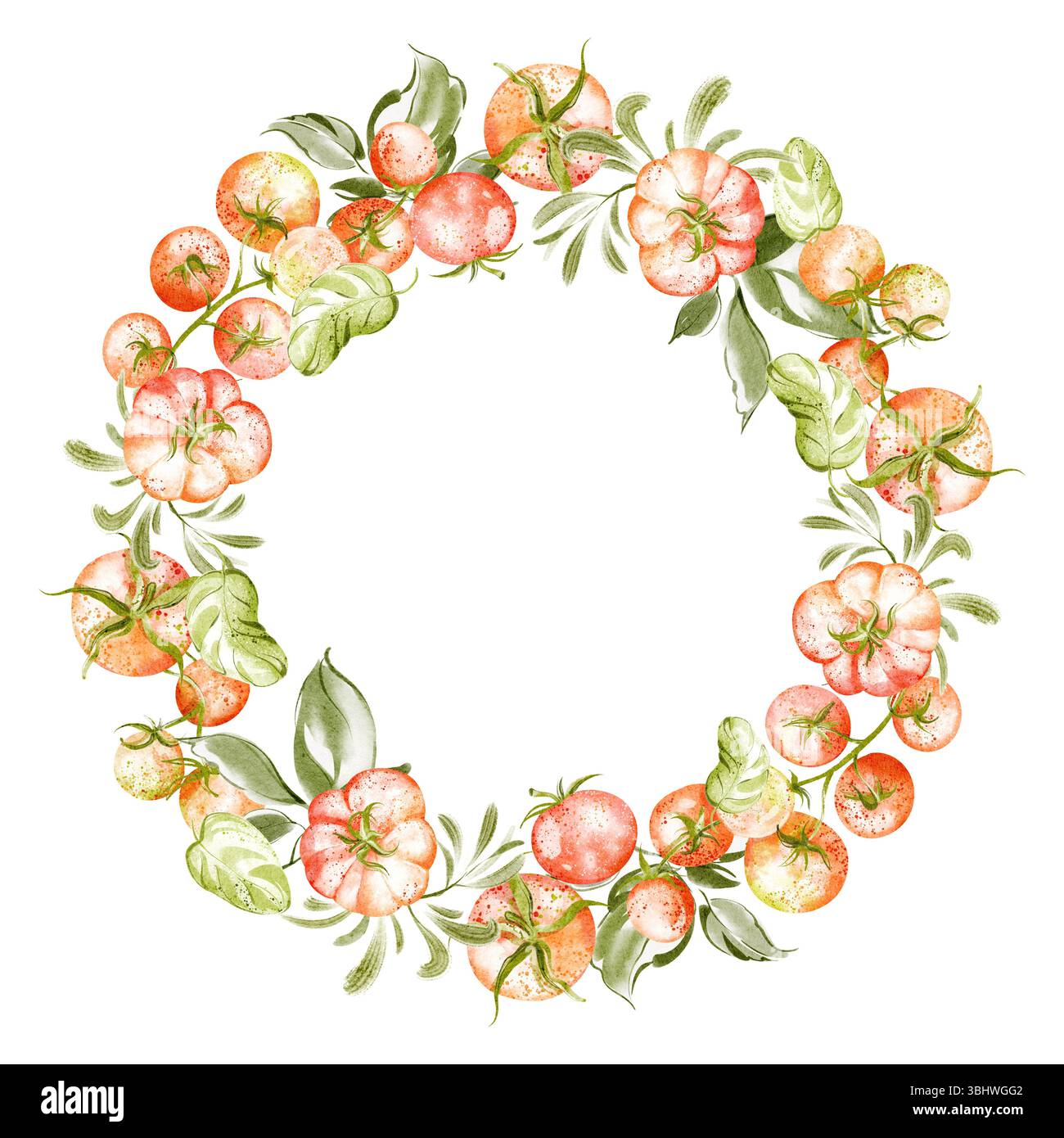 Watercolor illustration of a round tomato wreath frame with basil and ...