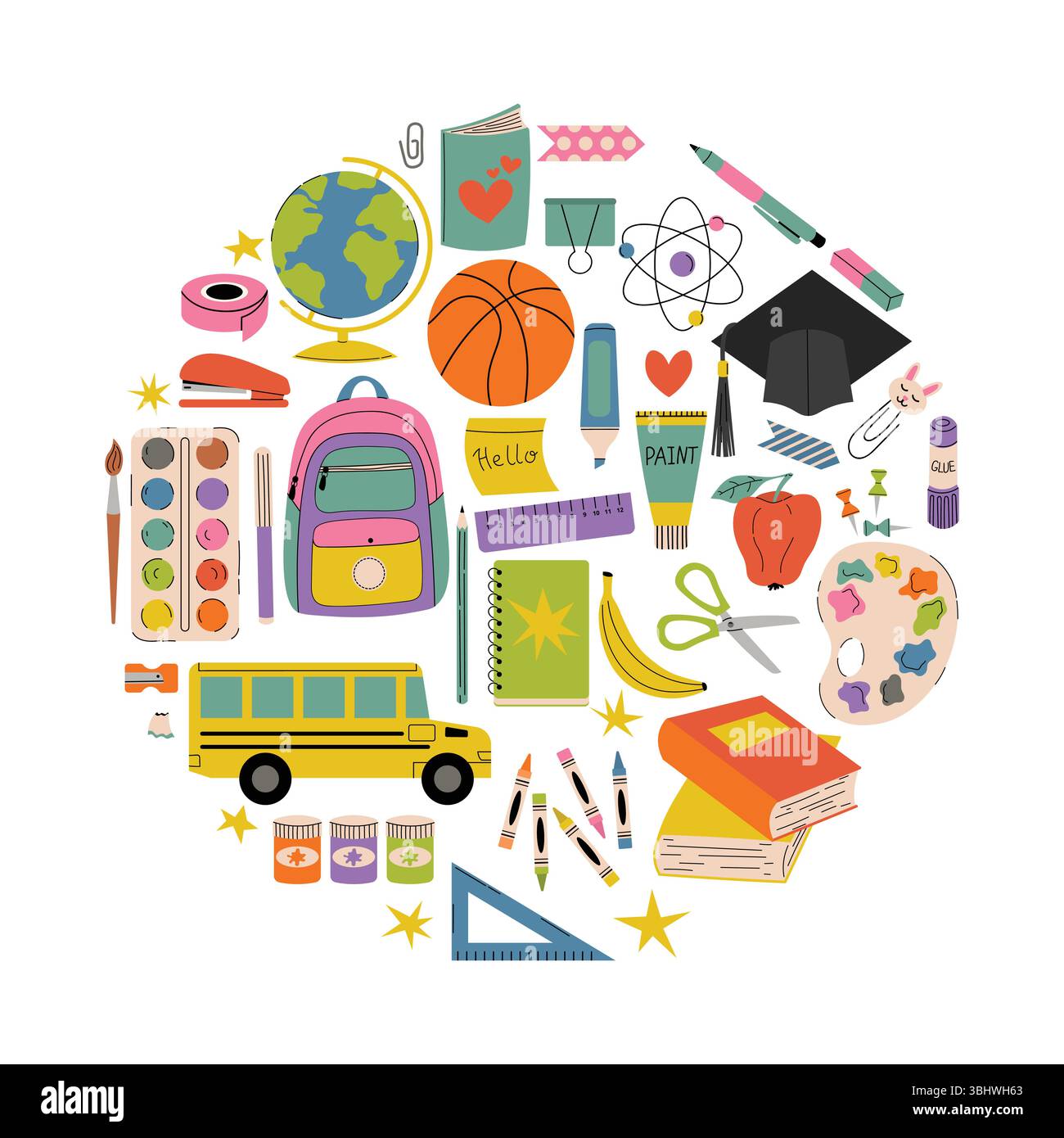 Back to school themed card in cartoon flat style with colorful circle ...