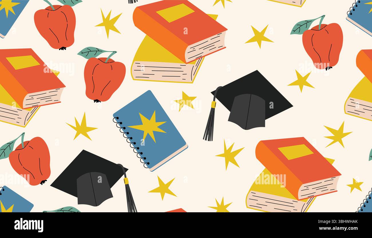 Seamless pattern in back to school theme with cartoon flat style books, student hat, red apple ...