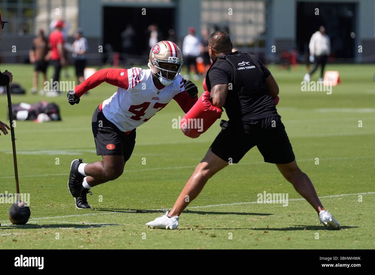San Francisco 49ers defensive lineman Bryce Huff (47) runs a drill during practice at NFL ...