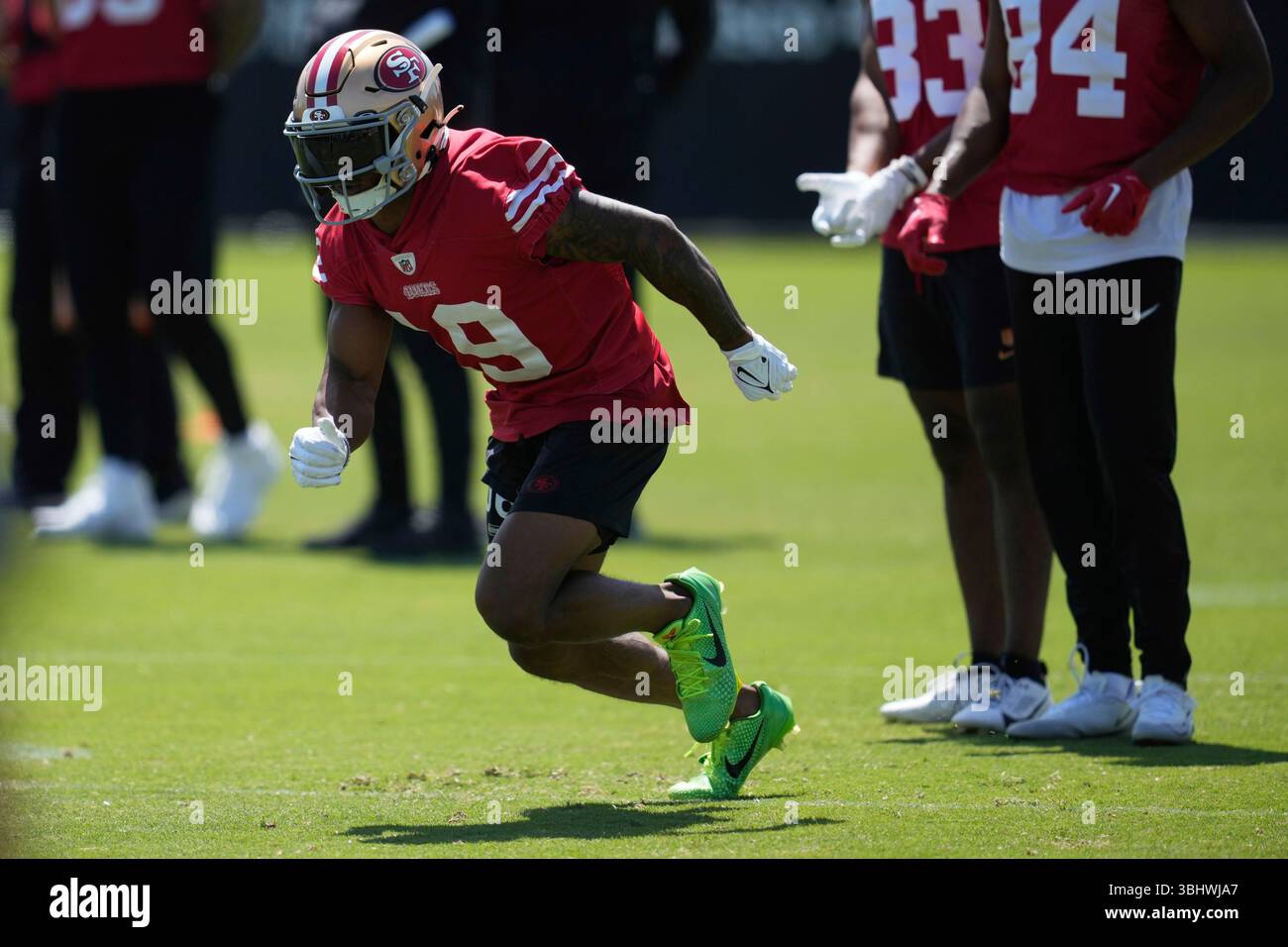 San Francisco 49ers wide receiver Jacob Cowing (19) runs a drill during ...