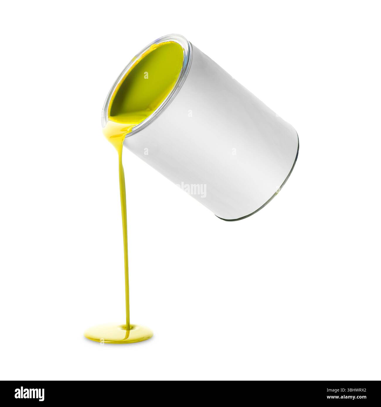 Yellow paint pouring out of can on white background Stock Photo - Alamy