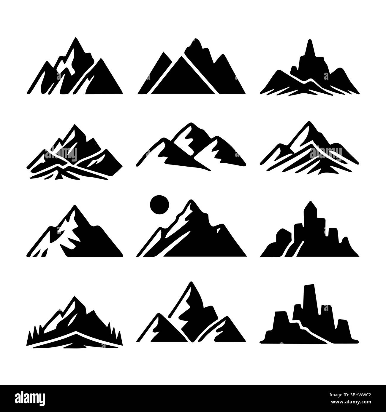 A collection of beautifully stylized mountain icons perfect for ...