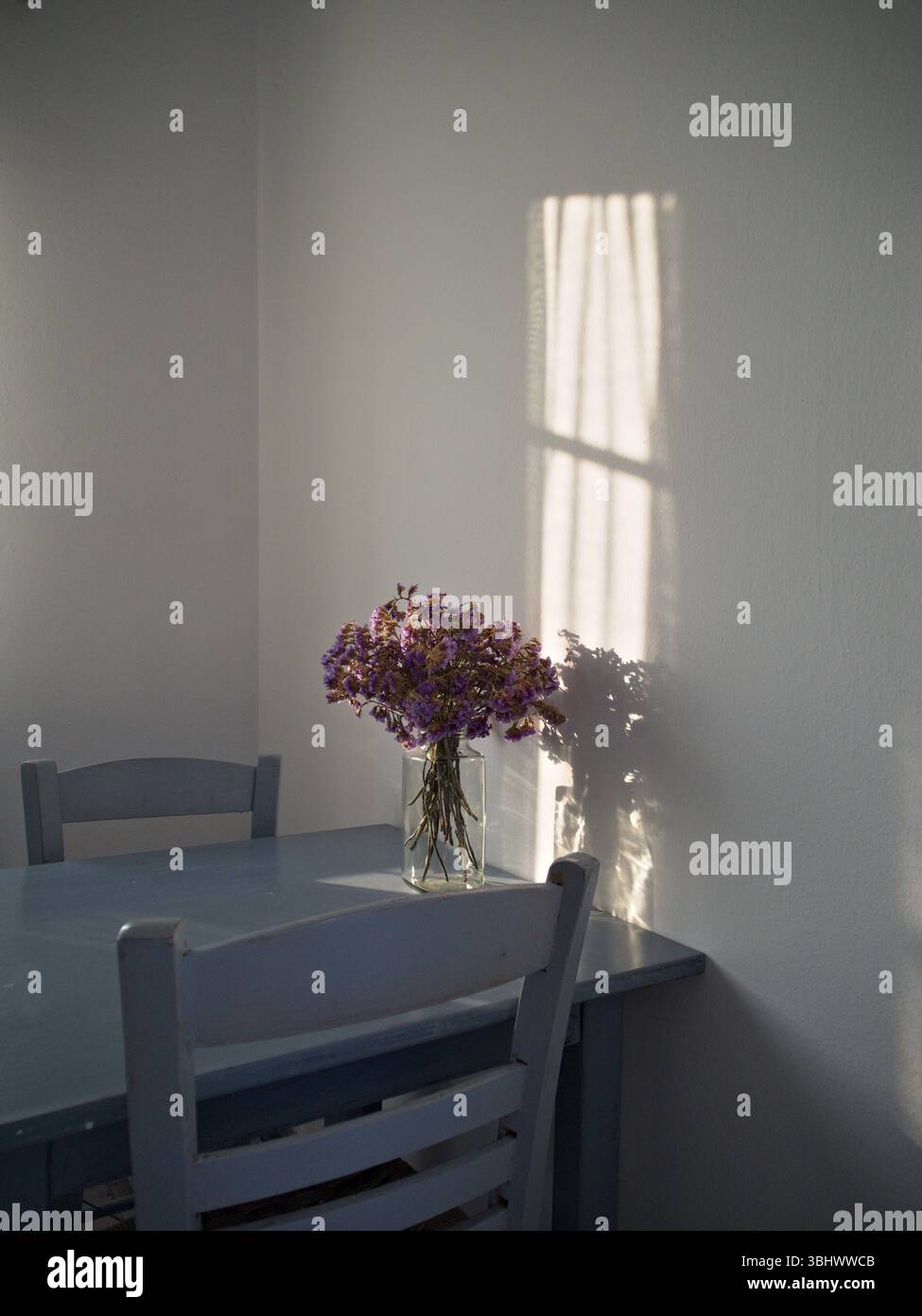 Warm light and floral shadow in simple Mediterranean setting Stock ...