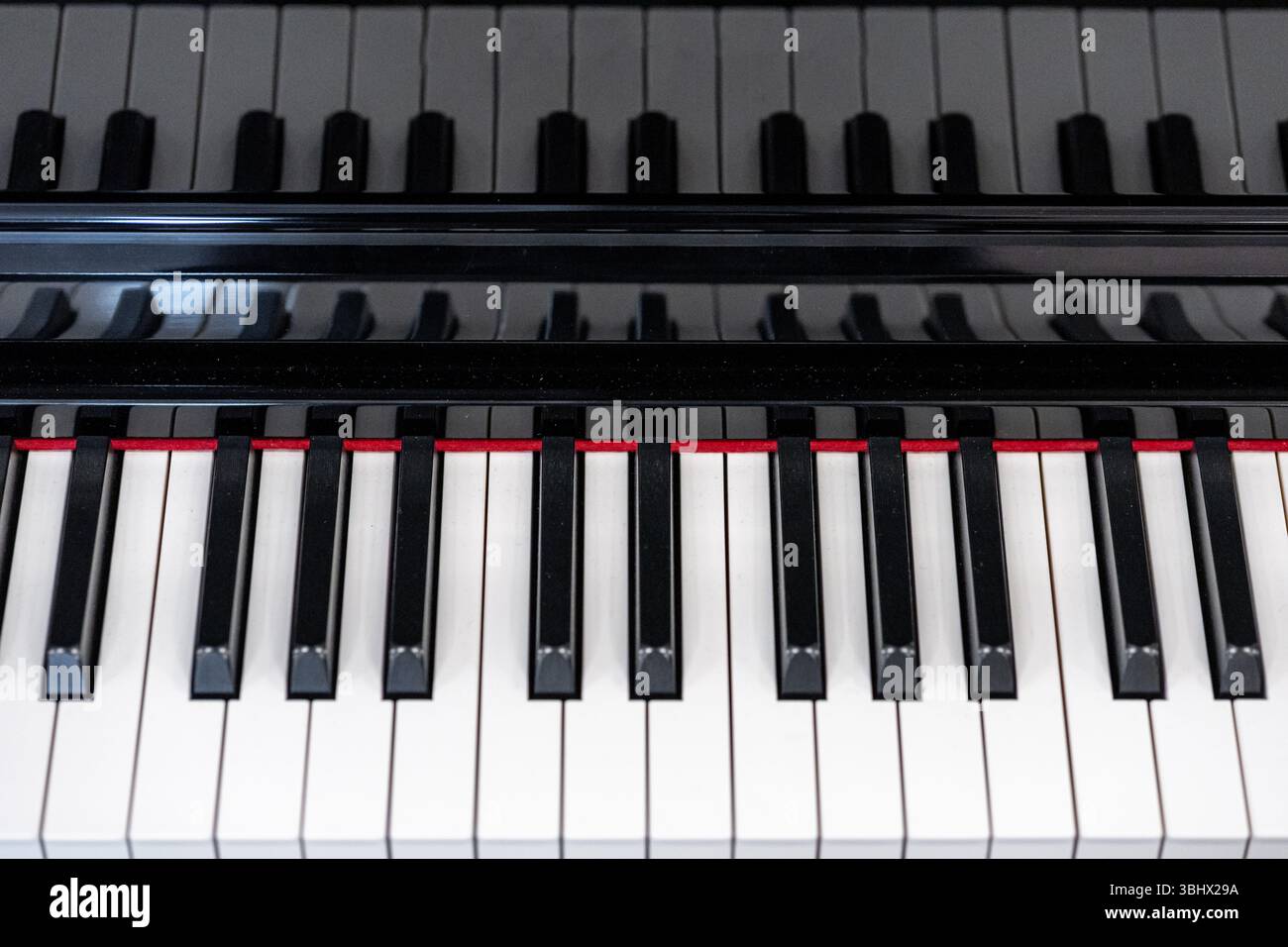Polished black and white piano keys with red felt create a visually ...