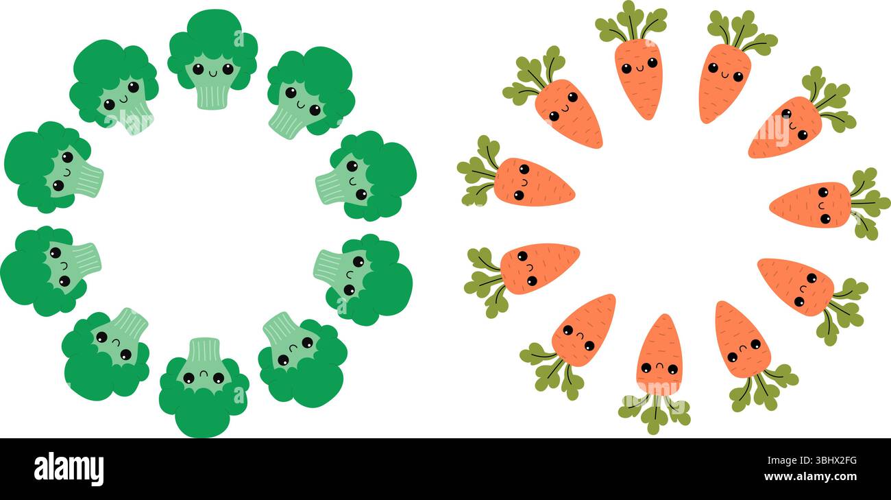 Set of round frame with broccoli and carrot. Vegetables with cute faces ...