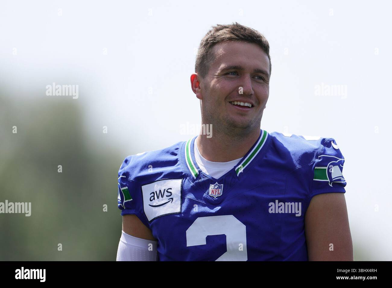 Seattle Seahawks quarterback Drew Lock warms up during practice at NFL ...