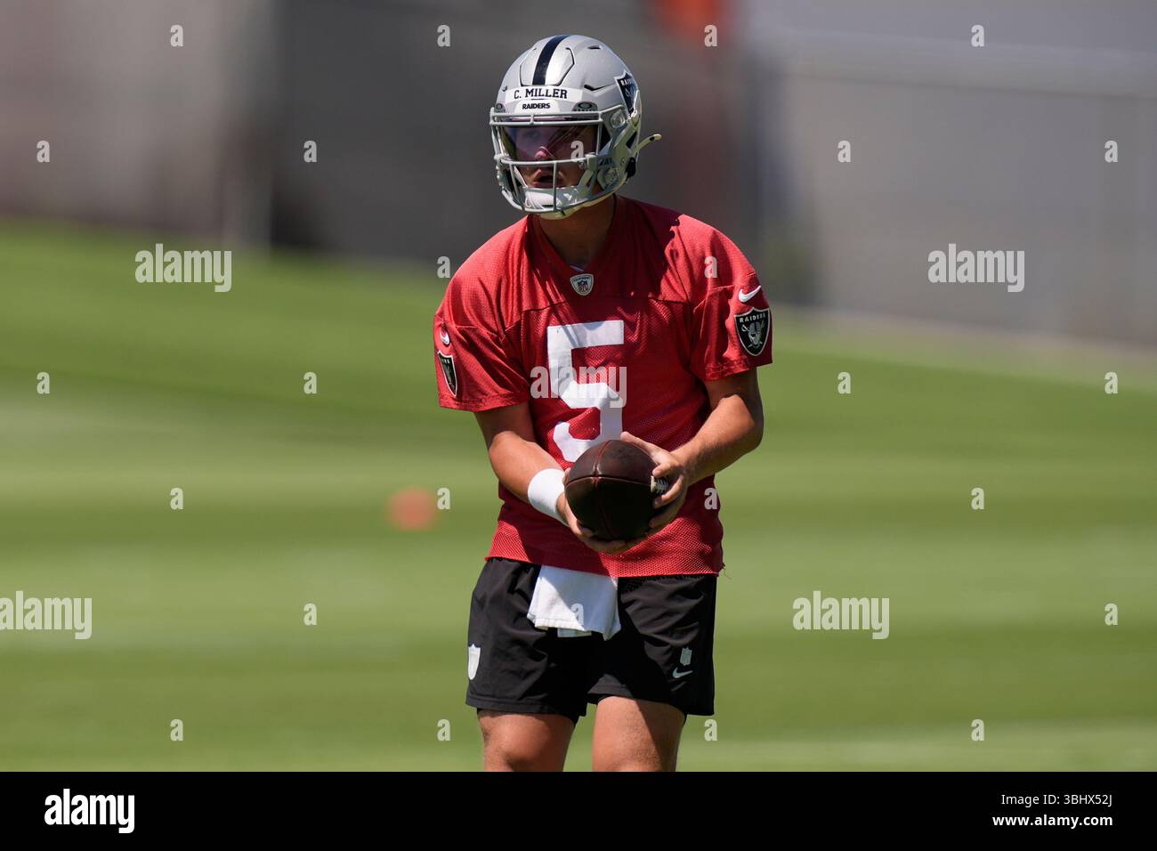Las Vegas Raiders quarterback Cam Miller participates during an NFL ...