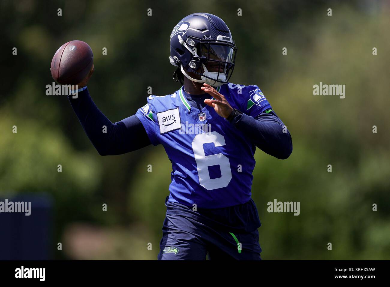 Seattle Seahawks quarterback Jalen Milroe throws during NFL football ...