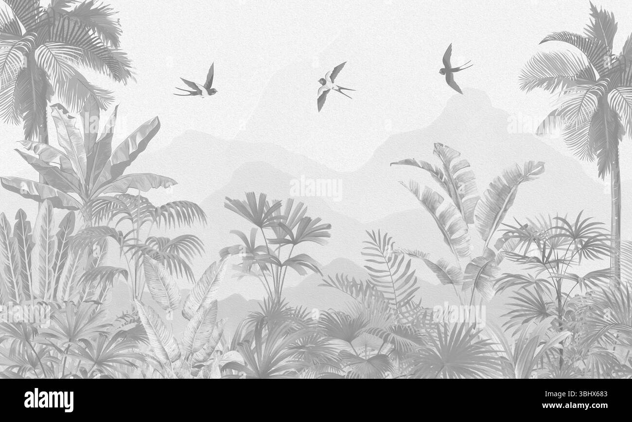 Modern Nature Wall Mural: Grayscale Palm Trees, Exotic Plants & Flying ...