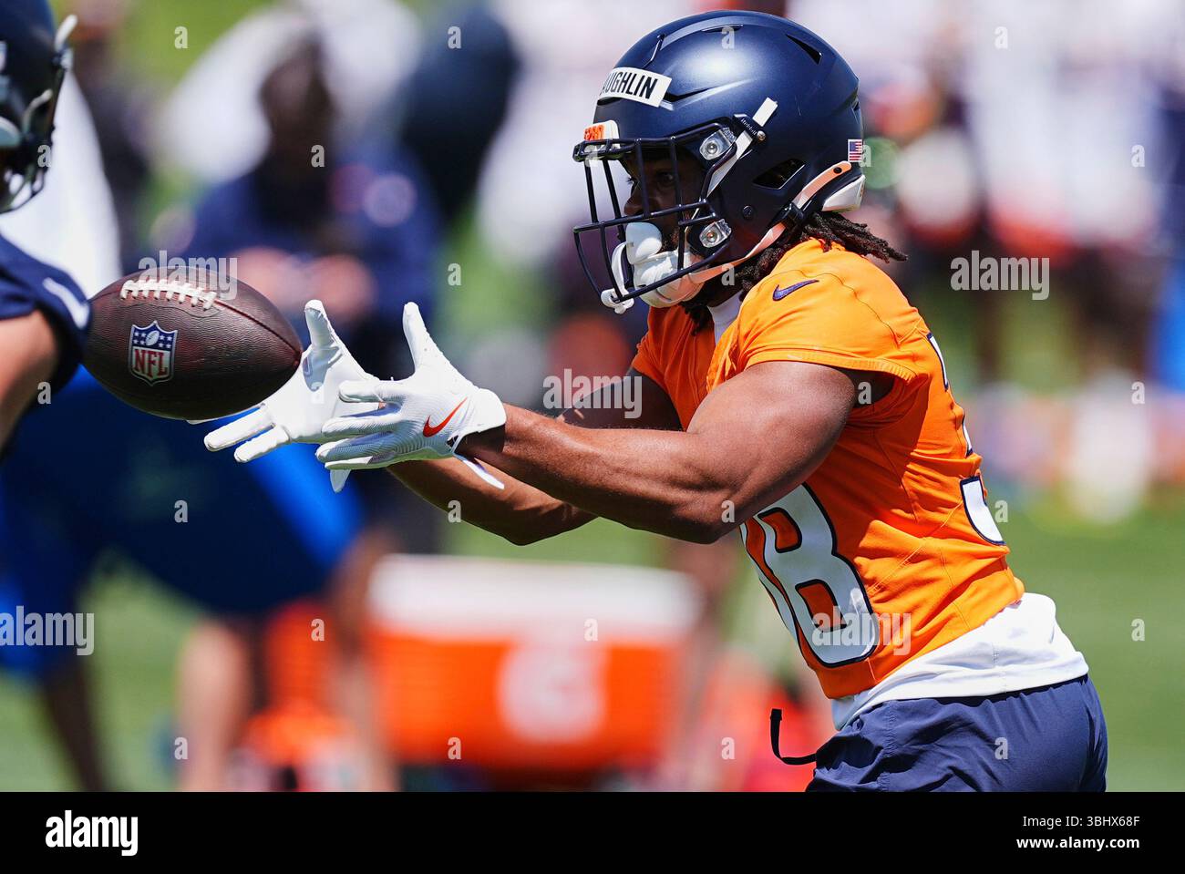 Denver Broncos running back Jaleel McLaughlin takes part in drills during practice at NFL ...