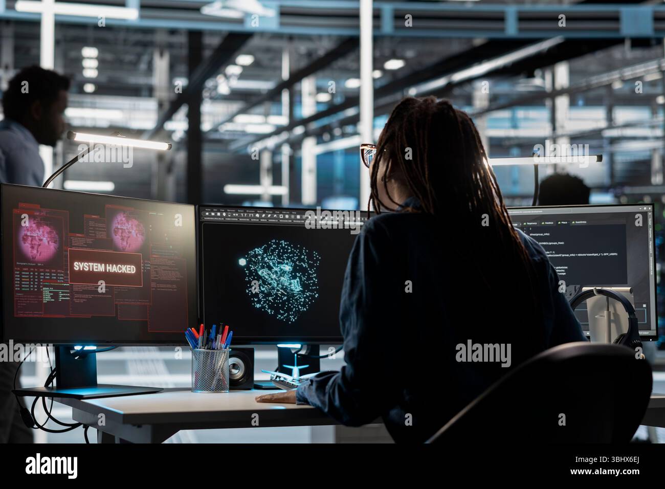 Data center engineer using AI visualization tool sees virus popup during security breach. Server ...