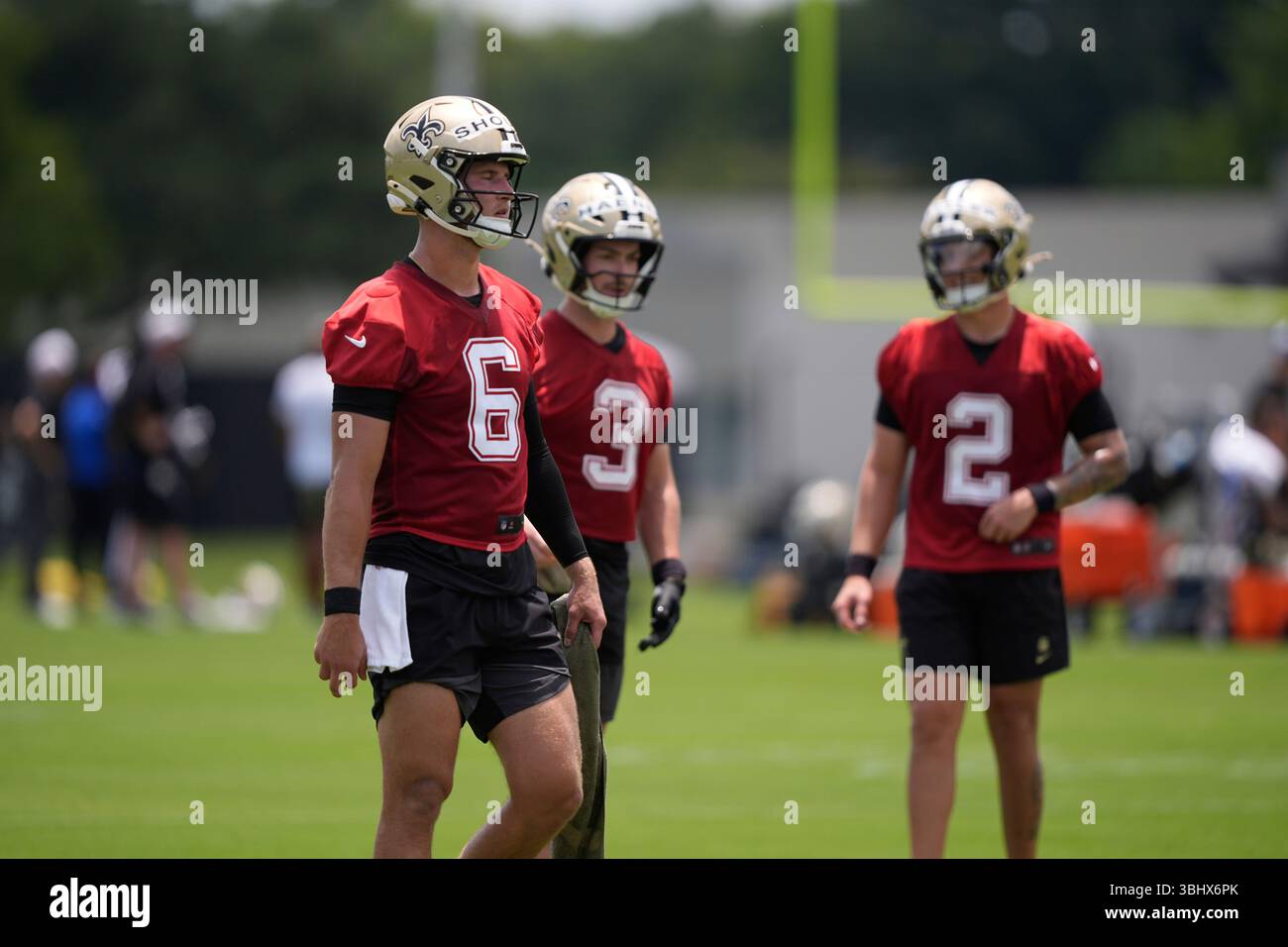 New Orleans Saints quarterbacks Tyler Shough (6), Jake Haener (3) and ...