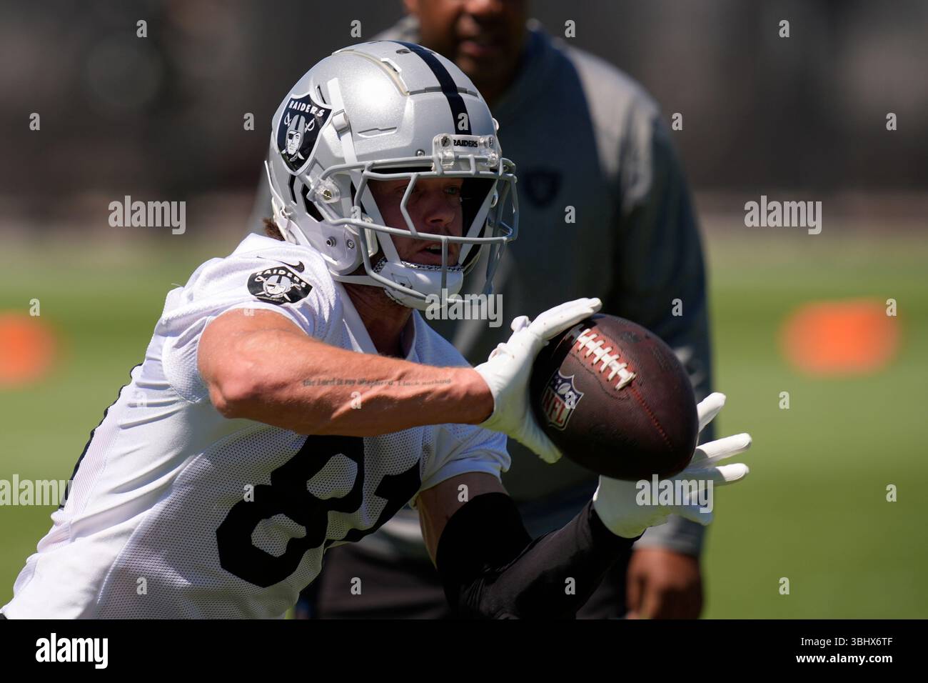 Las Vegas Raiders wide receiver Alex Bachman participates during an NFL ...