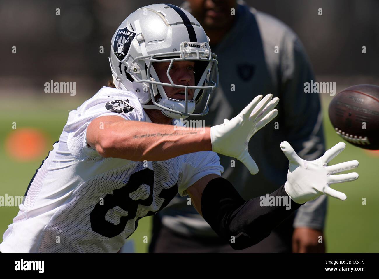 Las Vegas Raiders wide receiver Alex Bachman participates during an NFL ...