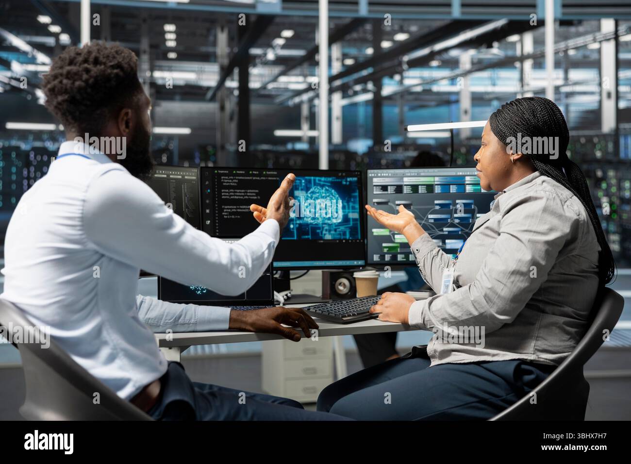 Server room software developers working together using artificial ...