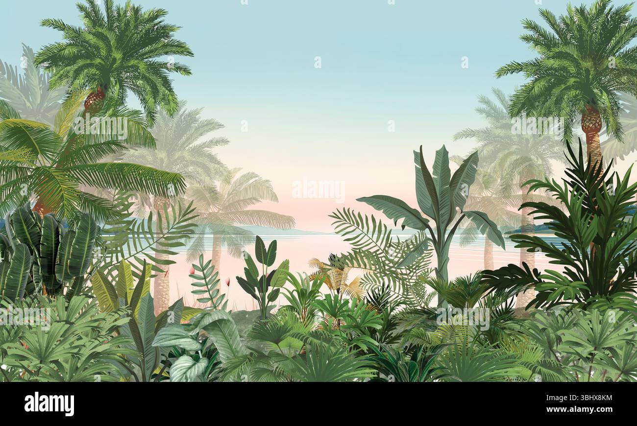 Subtle Nature Wall Mural: Faded Green Foliage, Palms & Pastel Horizon ...