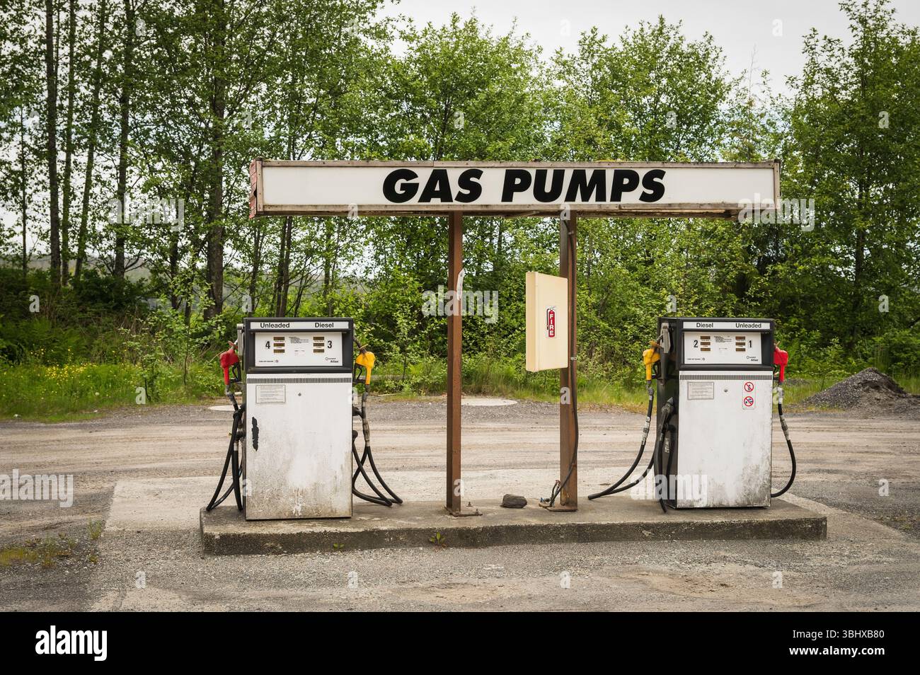 Old fashioned gas pumps at an abandoned gas station. Prince Rupert ...