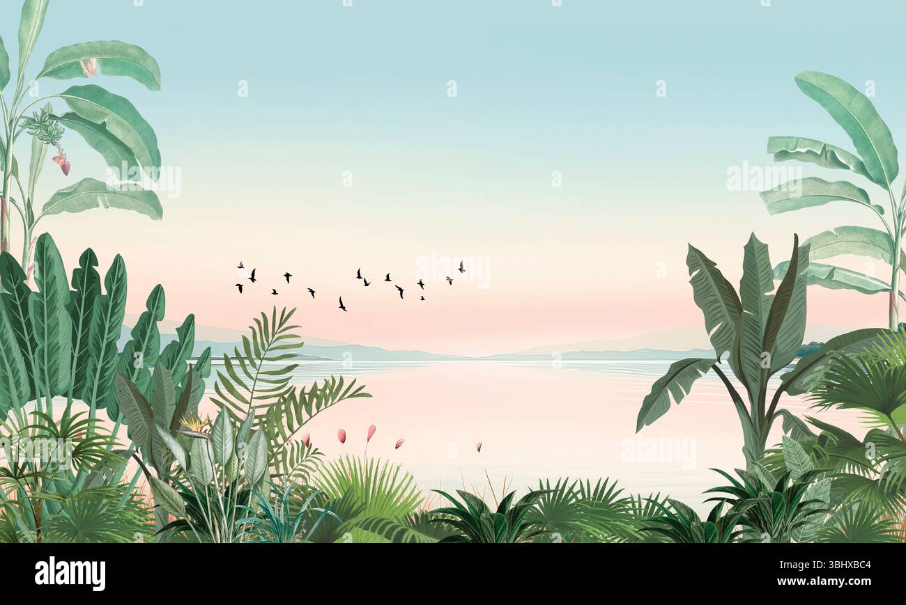 Subtle Nature Wall Mural: Faded Green Foliage, Birds & Pastel Horizon ...