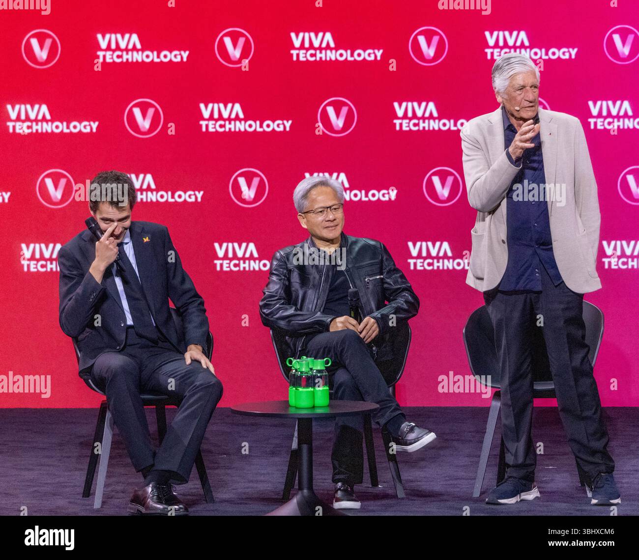 Paris, France. 11th June, 2025. Maurice Levy (right), Jensen Huang (center), and Guillaume ...