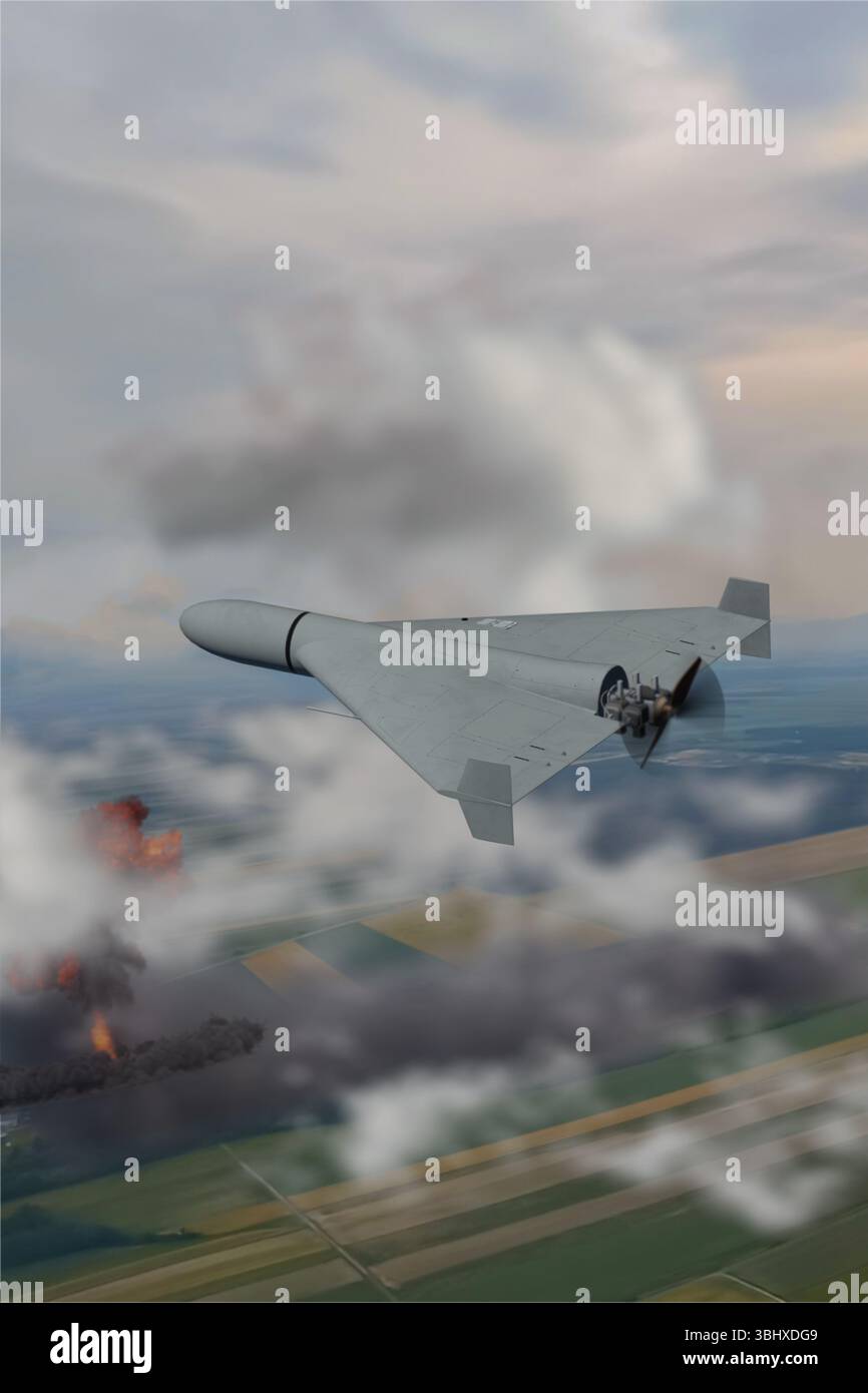 Combat drone in flight over fields with smoke and explosion on the ...