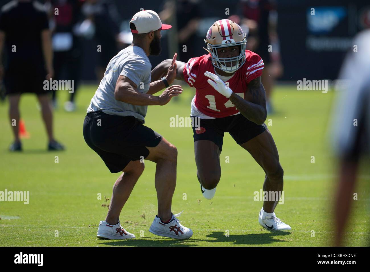 San Francisco 49ers wide receiver Isaiah Neyor (14) runs a drill during ...