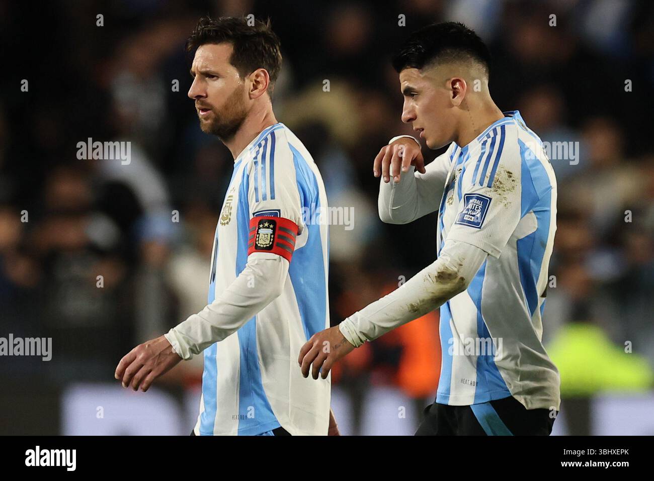 Argentina national team forwards Lionel Messi (L) and Thiago Almada ...