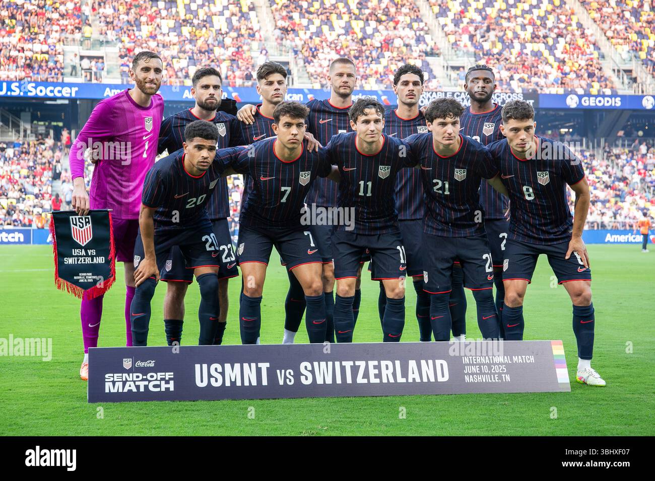 Nashville, USA, 10th June, 2025. The USMNT Starting XI line up for a ...