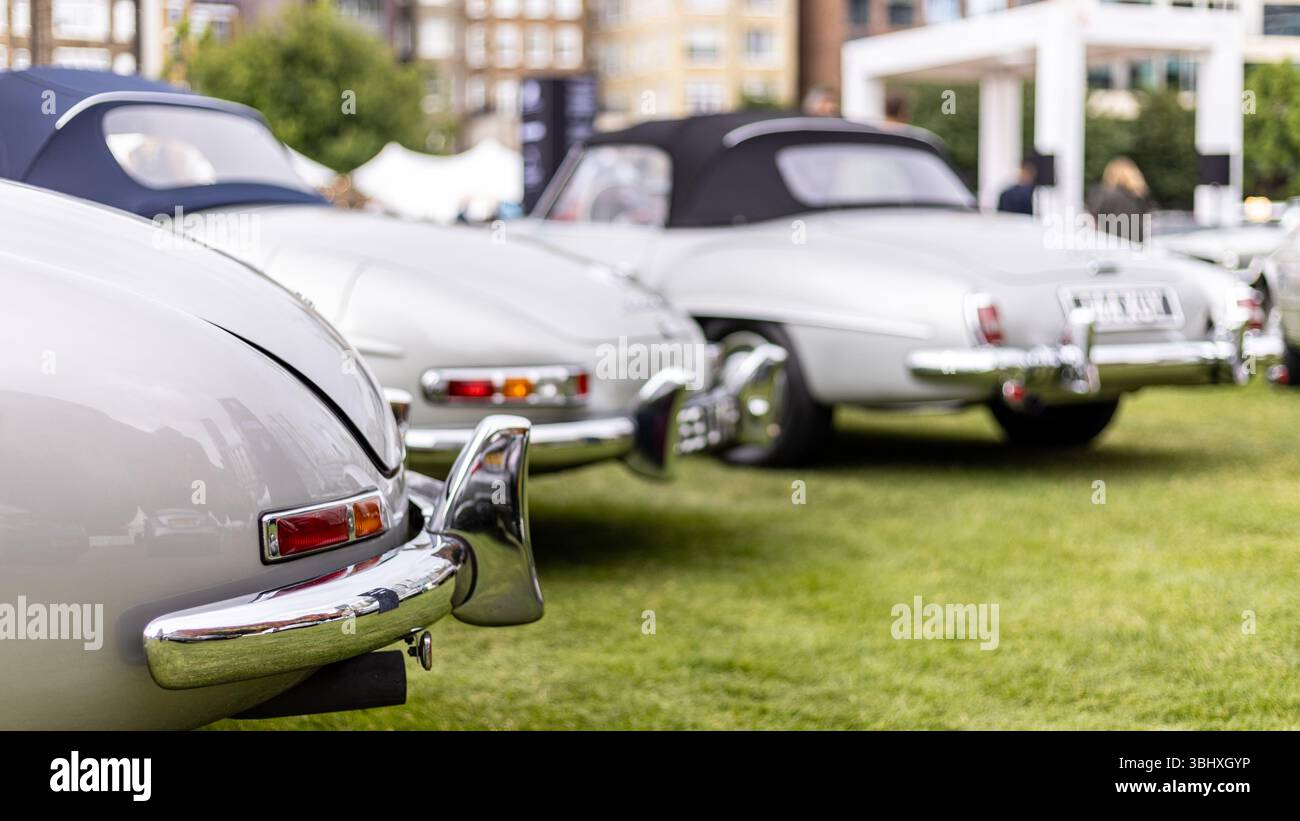 Mercedes SL cars on display at the London Concours classic car show ...