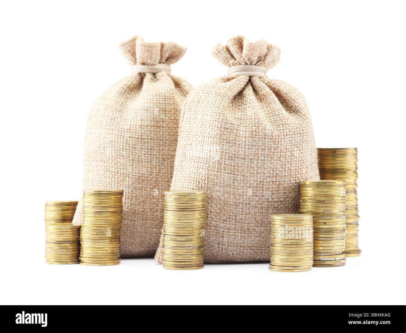 Burlap bags stacked coins hi-res stock photography and images - Alamy