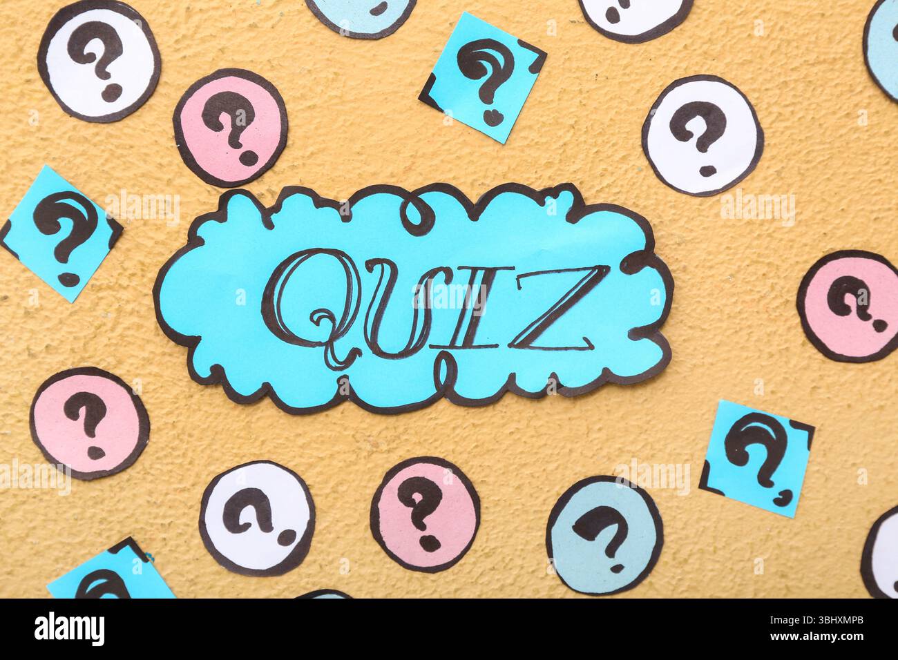Word QUIZ in speech bubble with question marks on orange background ...