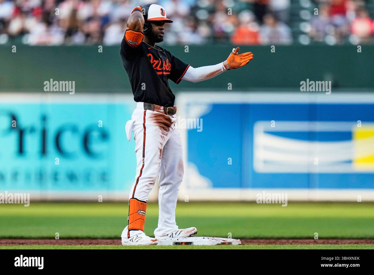 Baltimore Orioles' Cedric Mullins reacts after hitting a double during ...