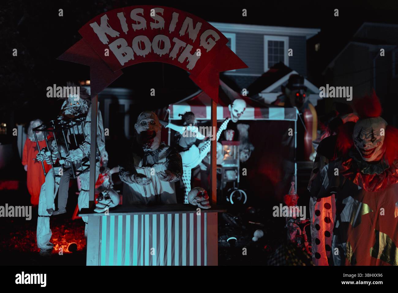 Creepy Halloween Clown Scene with Kissing Booth and Carnival Setup ...