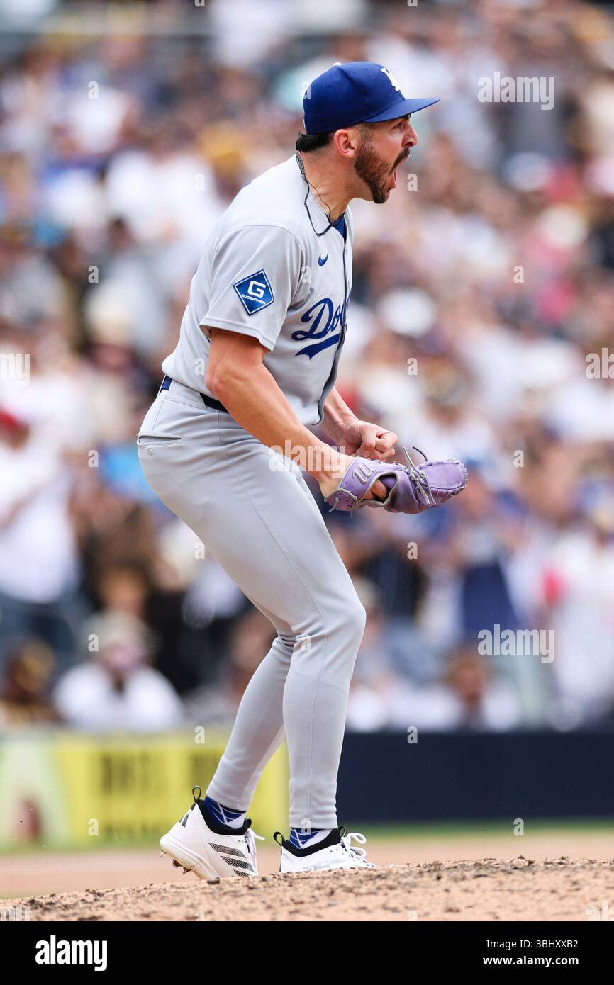 Los Angeles Dodgers' Alex Vesia celebrates after the final out was ...
