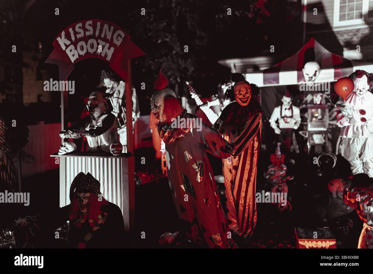 Creepy Halloween Clown Scene with Kissing Booth and Carnival Setup ...