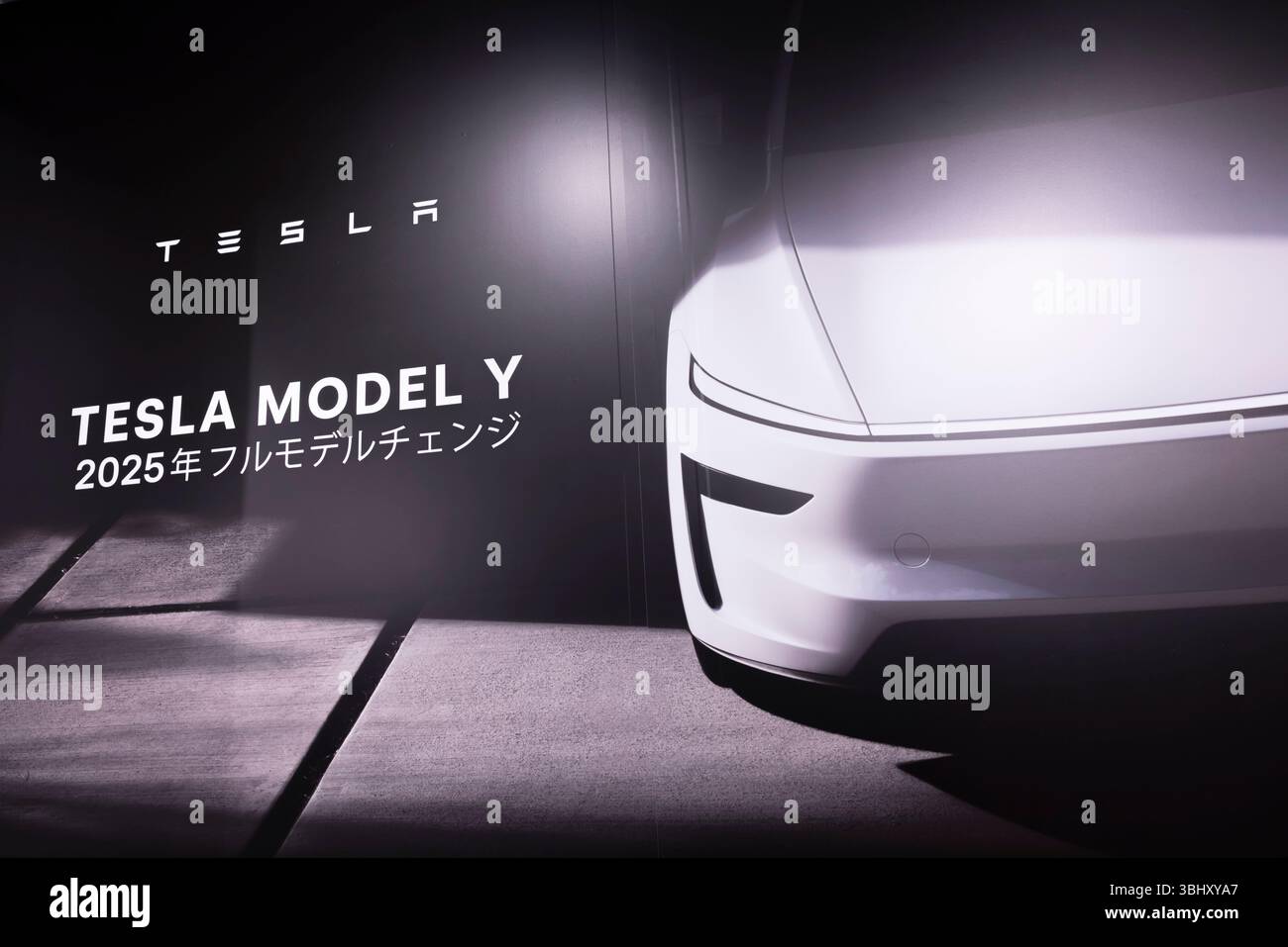 Tokyo, Japan. 25th Apr, 2025. Tesla Model Y poster inside a Tesla pop ...