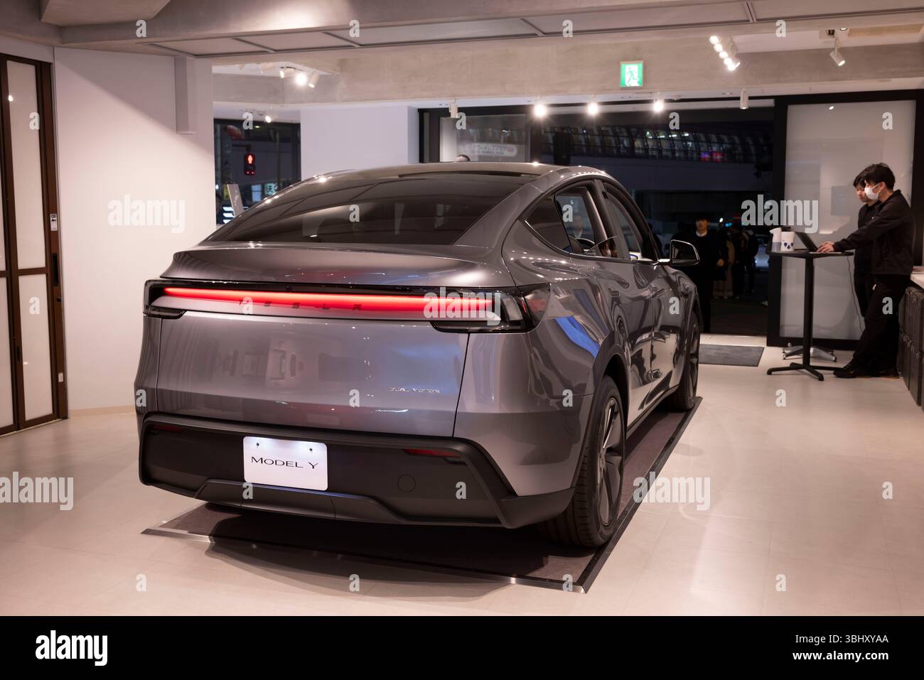 Tokyo, Japan. 25th Apr, 2025. Tesla model Y on display inside a Tesla ...