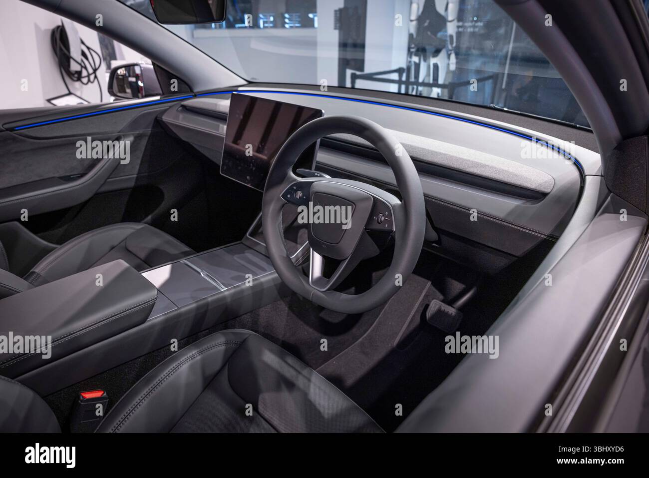 Tokyo, Japan. 25th Apr, 2025. Interior of a Tesla model Y on display ...