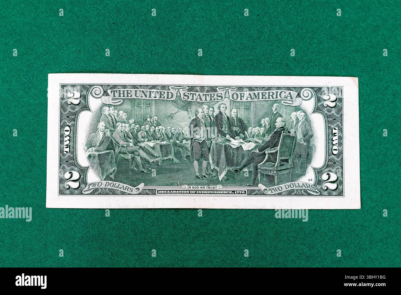 Back Side of U.S. Two Dollar Bill Depicting Declaration of Independence ...