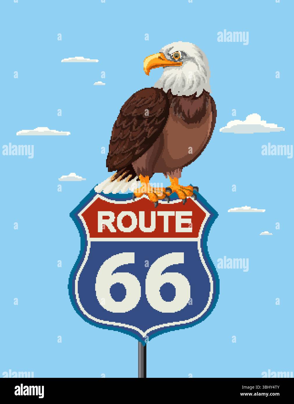 Vector illustration of a bald eagle on a Route 66 sign against a clear ...