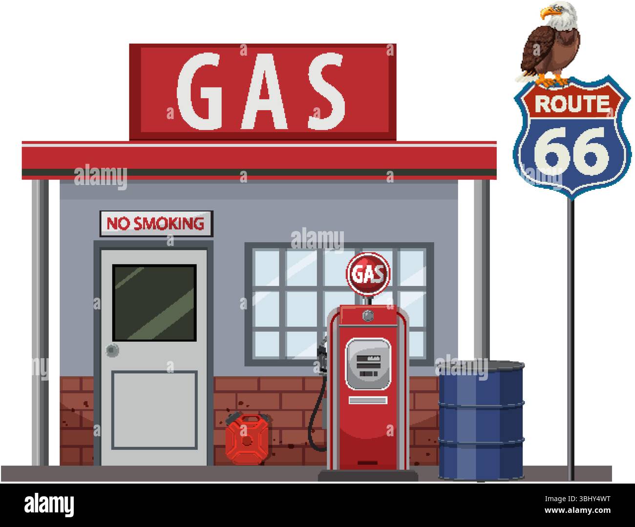 Vector illustration of a vintage gas station on Route 66 with classic ...