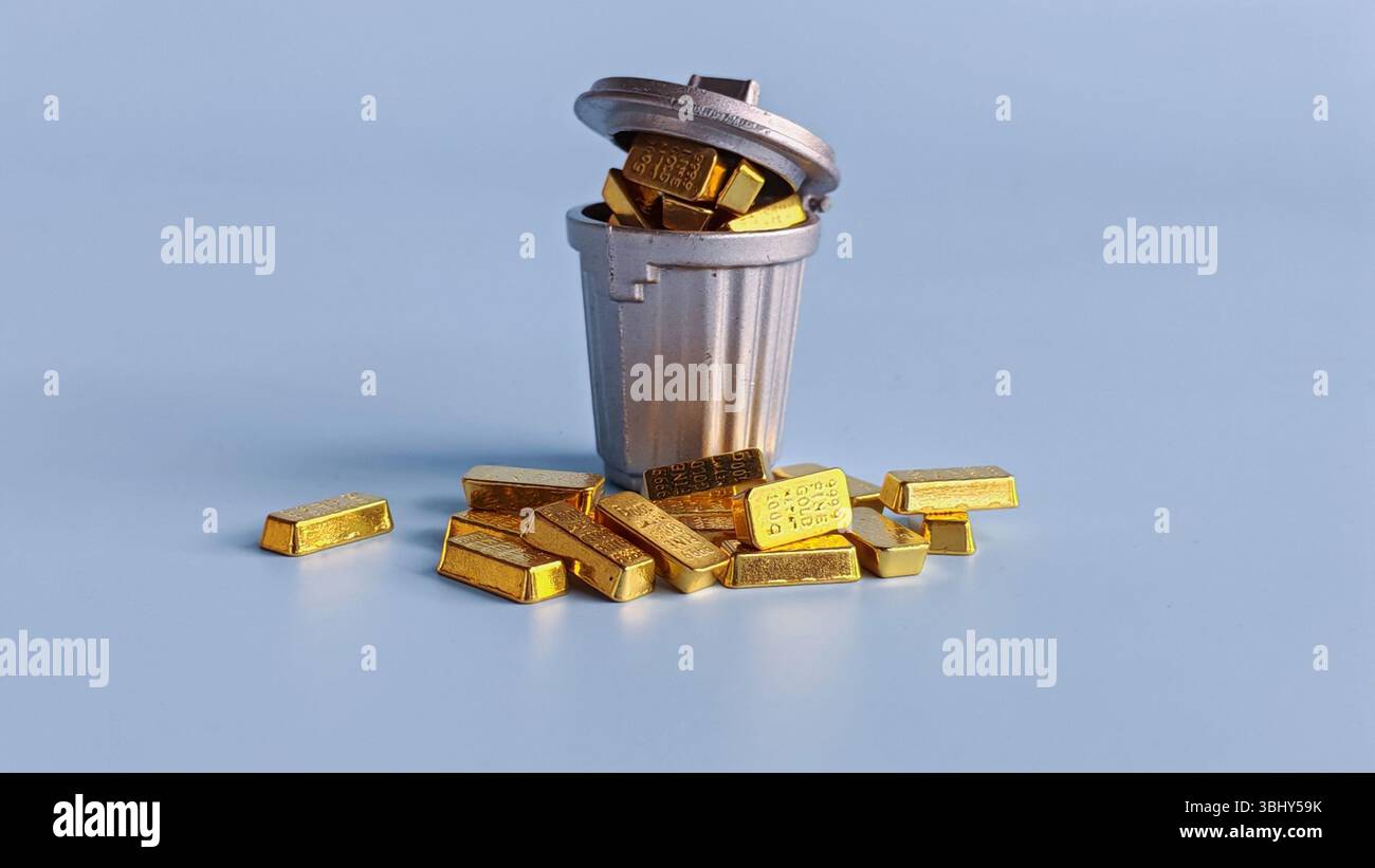 Overturned Trash Can Filled with Gold Bars Representing Misplaced Value ...