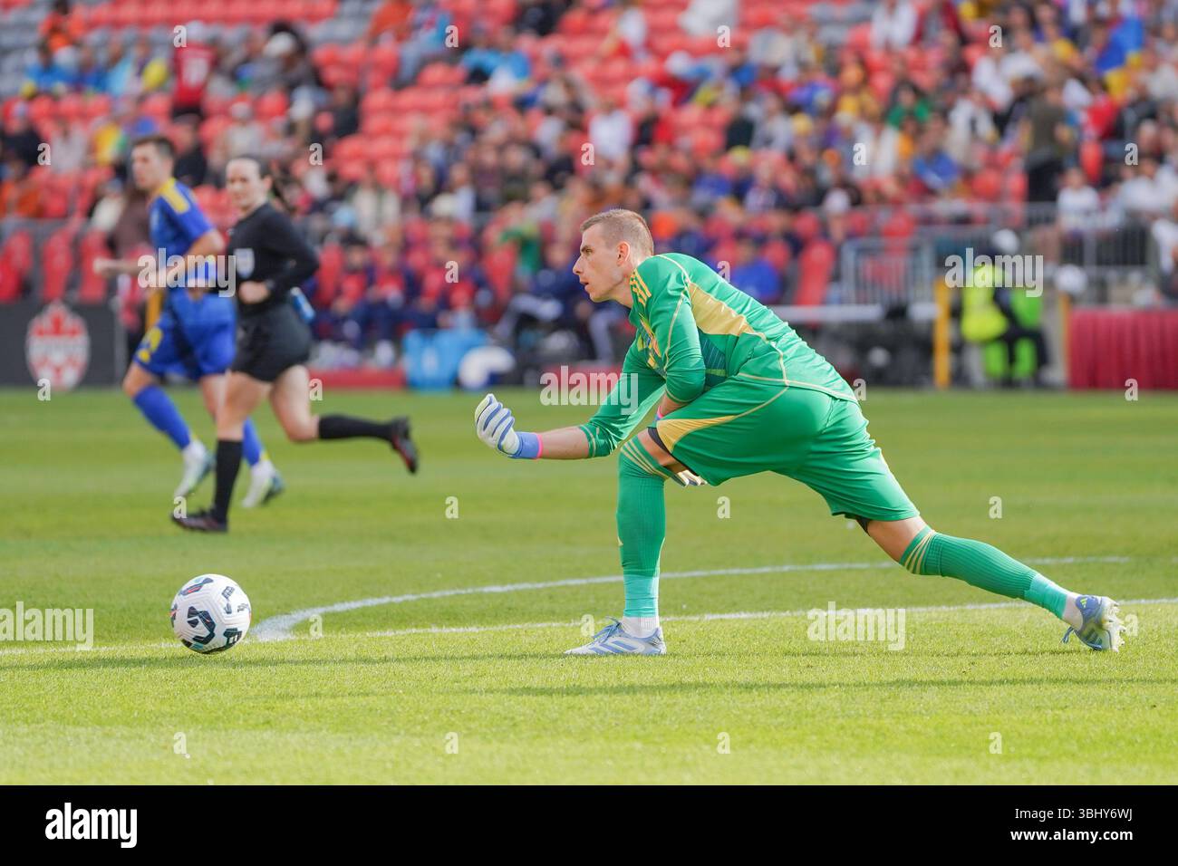 Goalkeeper Andriy Lunin #1 of Ukraine throws the ball during the ...