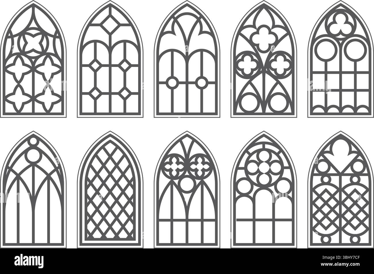 Church windows with arched frames and stained glass. Cathedral gothic ...