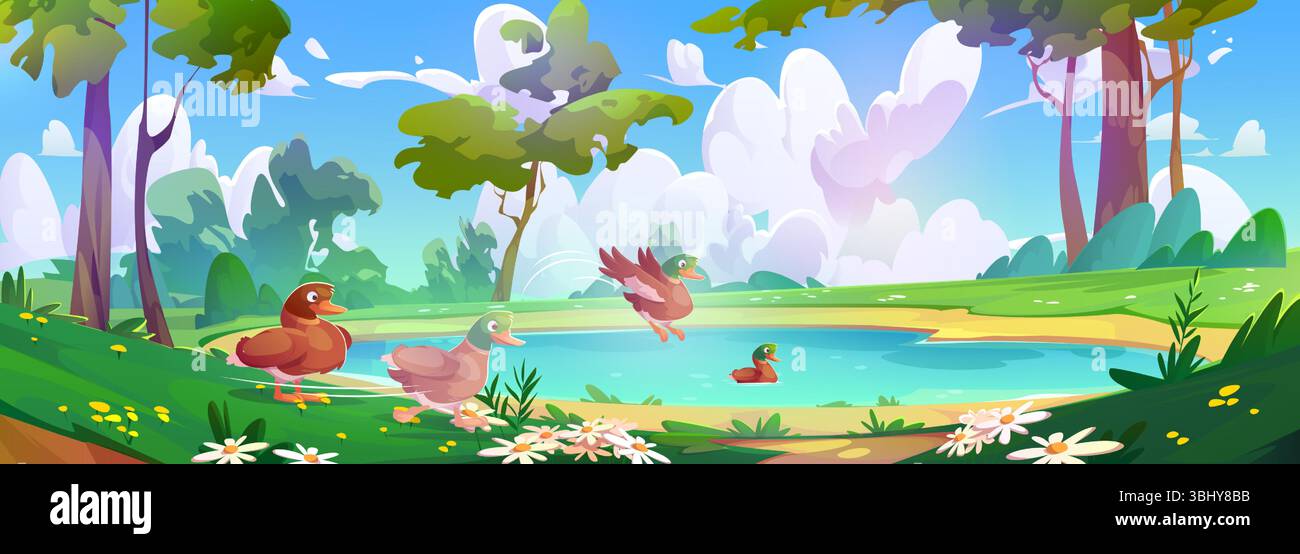 Lake with duck family in forest - birds swimming, jumping into blue ...